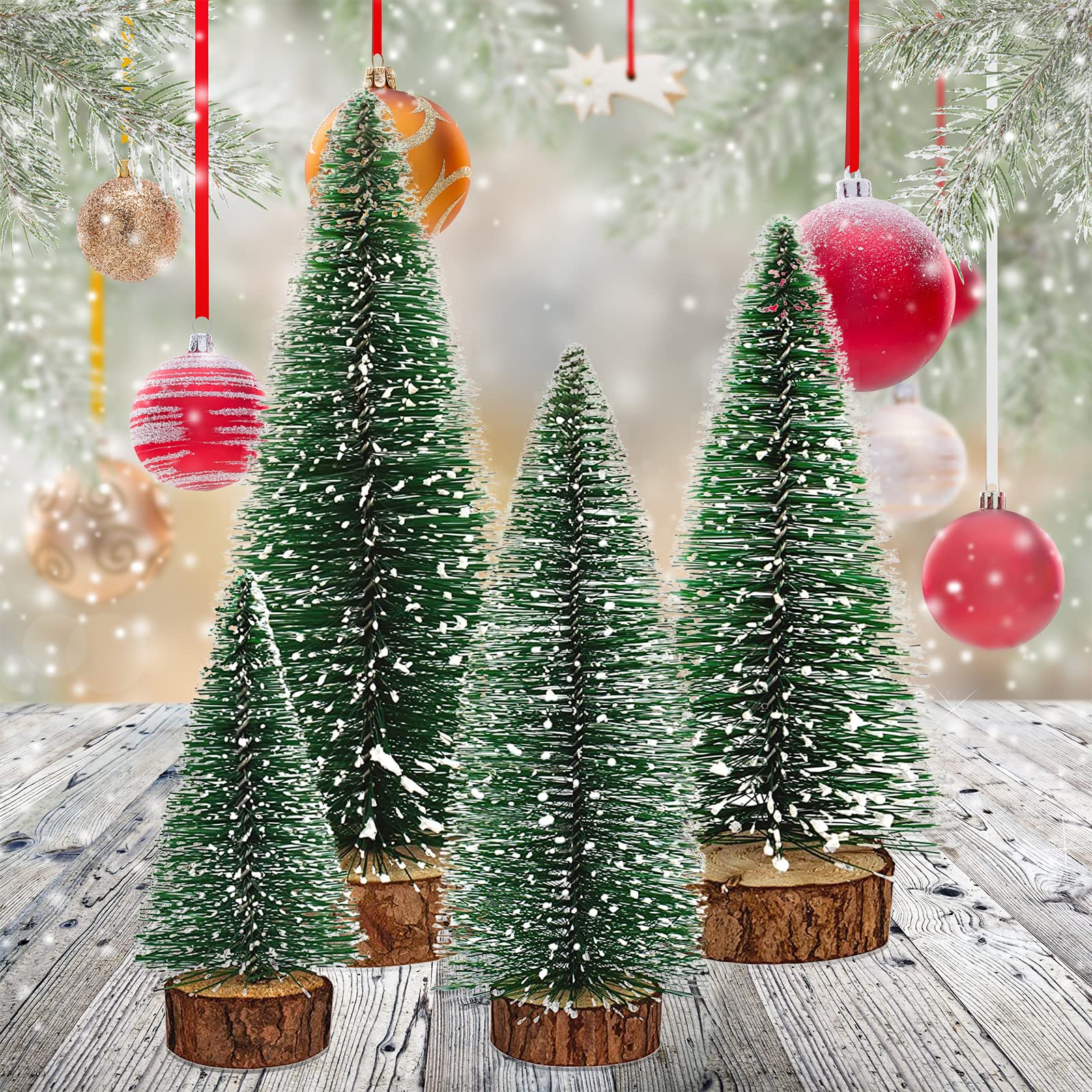 Artificial Mini Christmas Tree,4pcs Bottle Brush Christmas Tree with 1pc String Lights Contains 30 LEDs, Small Sisal Trees with Wooden Bases,Xmas Holiday Decor