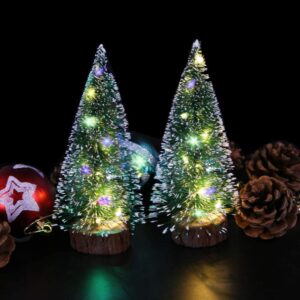 Artificial Mini Christmas Tree,4pcs Bottle Brush Christmas Tree with 1pc String Lights Contains 30 LEDs, Small Sisal Trees with Wooden Bases,Xmas Holiday Decor