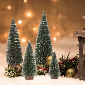 Artificial Mini Christmas Tree,4pcs Bottle Brush Christmas Tree with 1pc String Lights Contains 30 LEDs, Small Sisal Trees with Wooden Bases,Xmas Holiday Decor