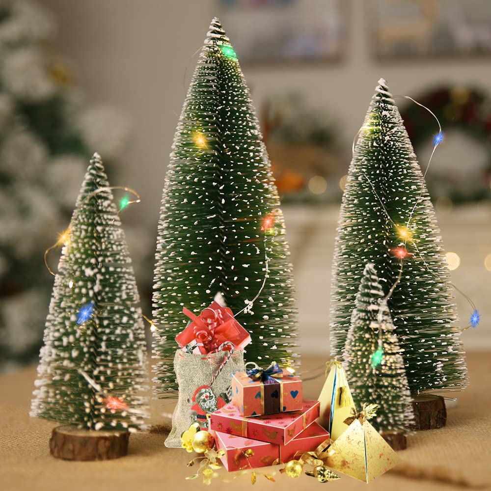 Artificial Mini Christmas Tree,4pcs Bottle Brush Christmas Tree with 1pc String Lights Contains 30 LEDs, Small Sisal Trees with Wooden Bases,Xmas Holiday Decor