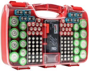 battery organizer storage case with tester, holds 180 batteries, clear hinged cover, locking lid - for aa, aaa, c, d and more