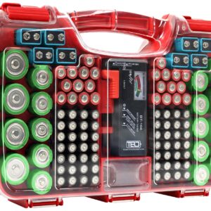 Battery Organizer Storage Case with Tester, Holds 180 Batteries, Clear Hinged Cover, Locking Lid - For AA, AAA, C, D and More