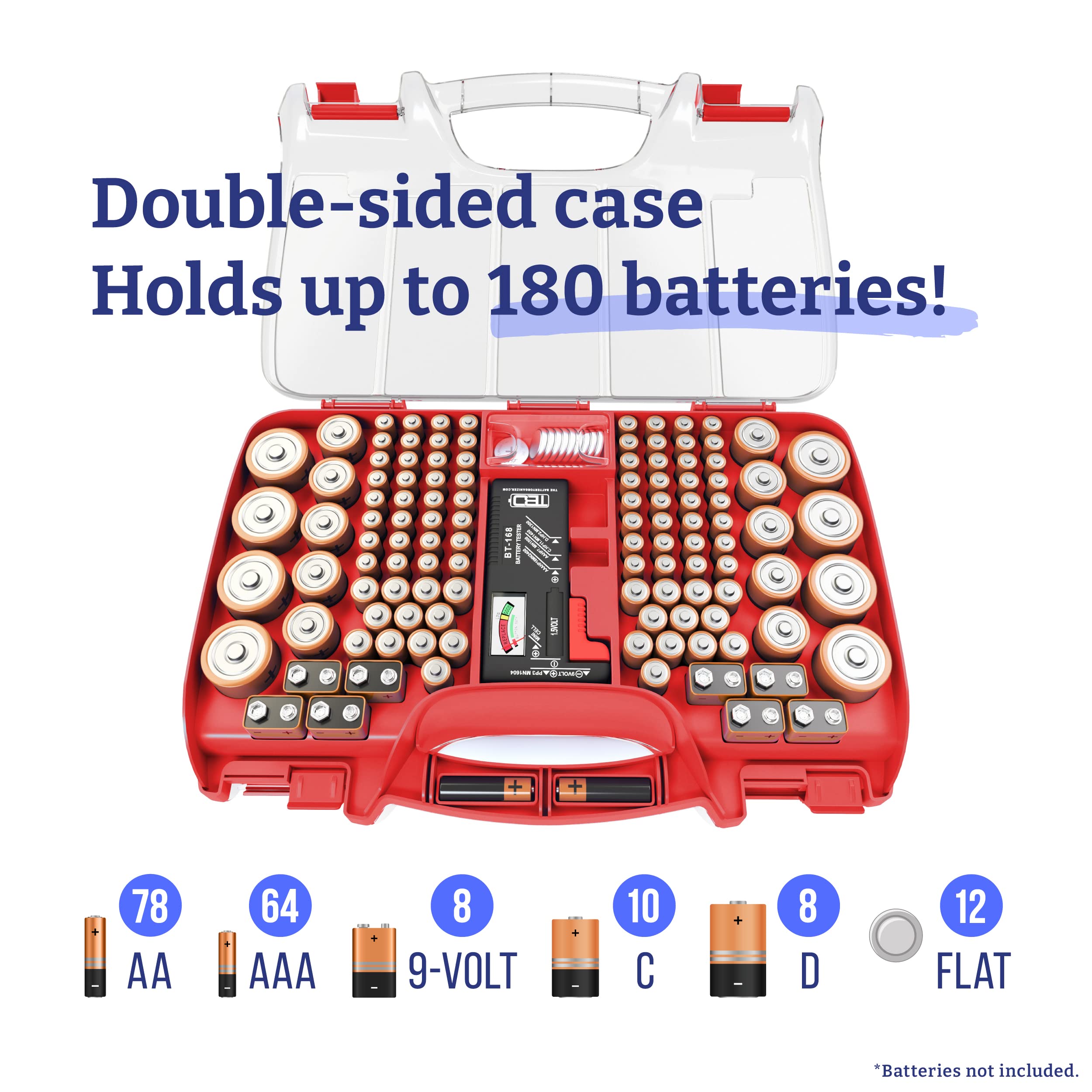 Battery Organizer Storage Case with Tester, Holds 180 Batteries, Clear Hinged Cover, Locking Lid - For AA, AAA, C, D and More