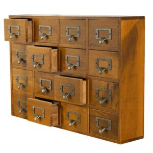 card catalog desk drawer organizer - wooden storage box with 16 drawers - home office desk organizer curio cabinet - rustic drawers dressers for countertop- apothecary cabinet tea coffee pod storage