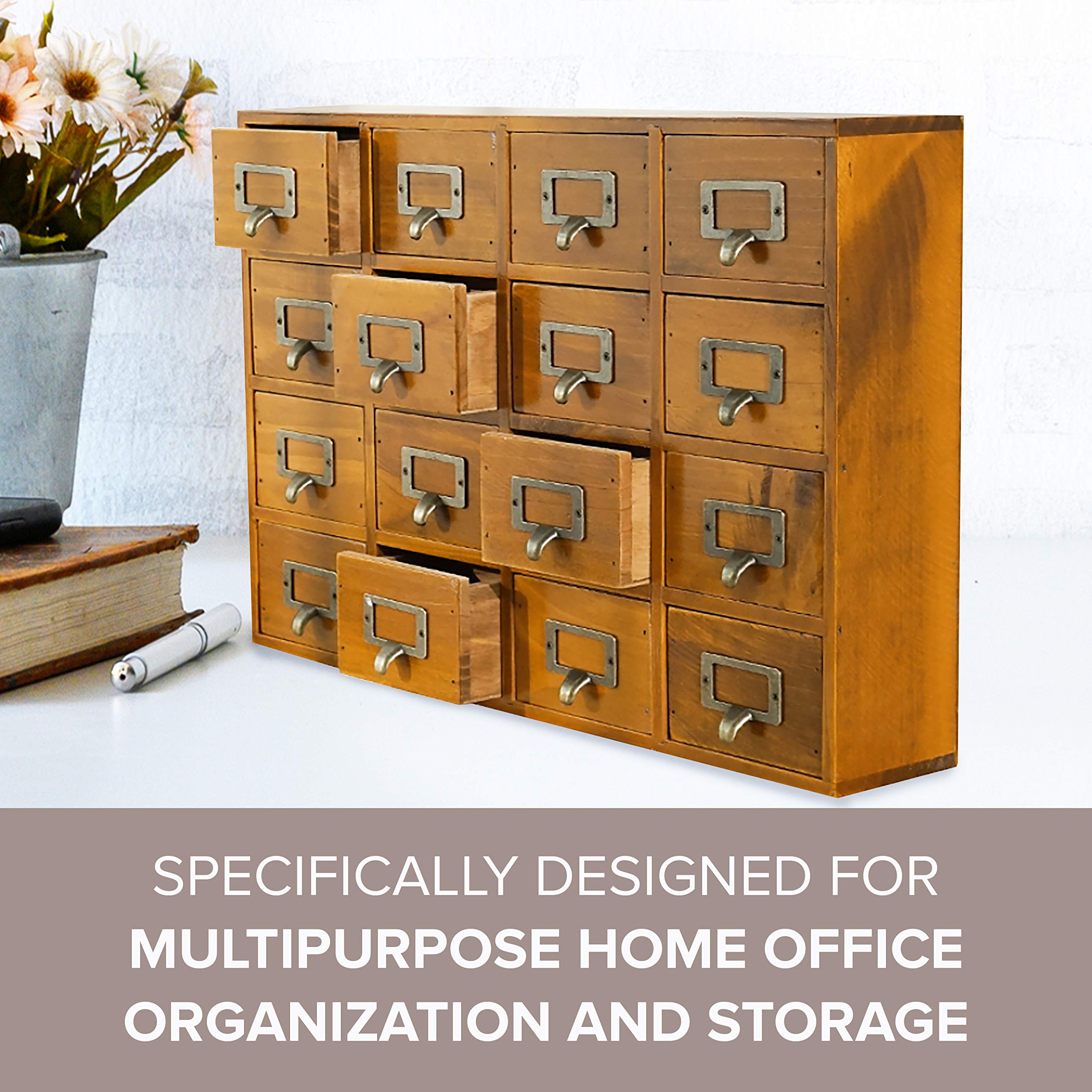 Card Catalog Desk Drawer Organizer - Wooden Storage Box with 16 Drawers - Home Office Desk Organizer Curio Cabinet - Rustic Drawers Dressers for Countertop- Apothecary Cabinet Tea Coffee Pod Storage