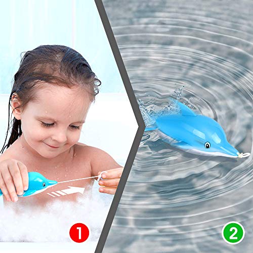 ArtCreativity Pullback String Dolphin Bath Tub Toys for Kids, Set of 4, Swimming Dolphin Water Toys for Bathtub, Pool, and Lake Fun, Adorable Aquarium Birthday Party Favors for Boys and Girls