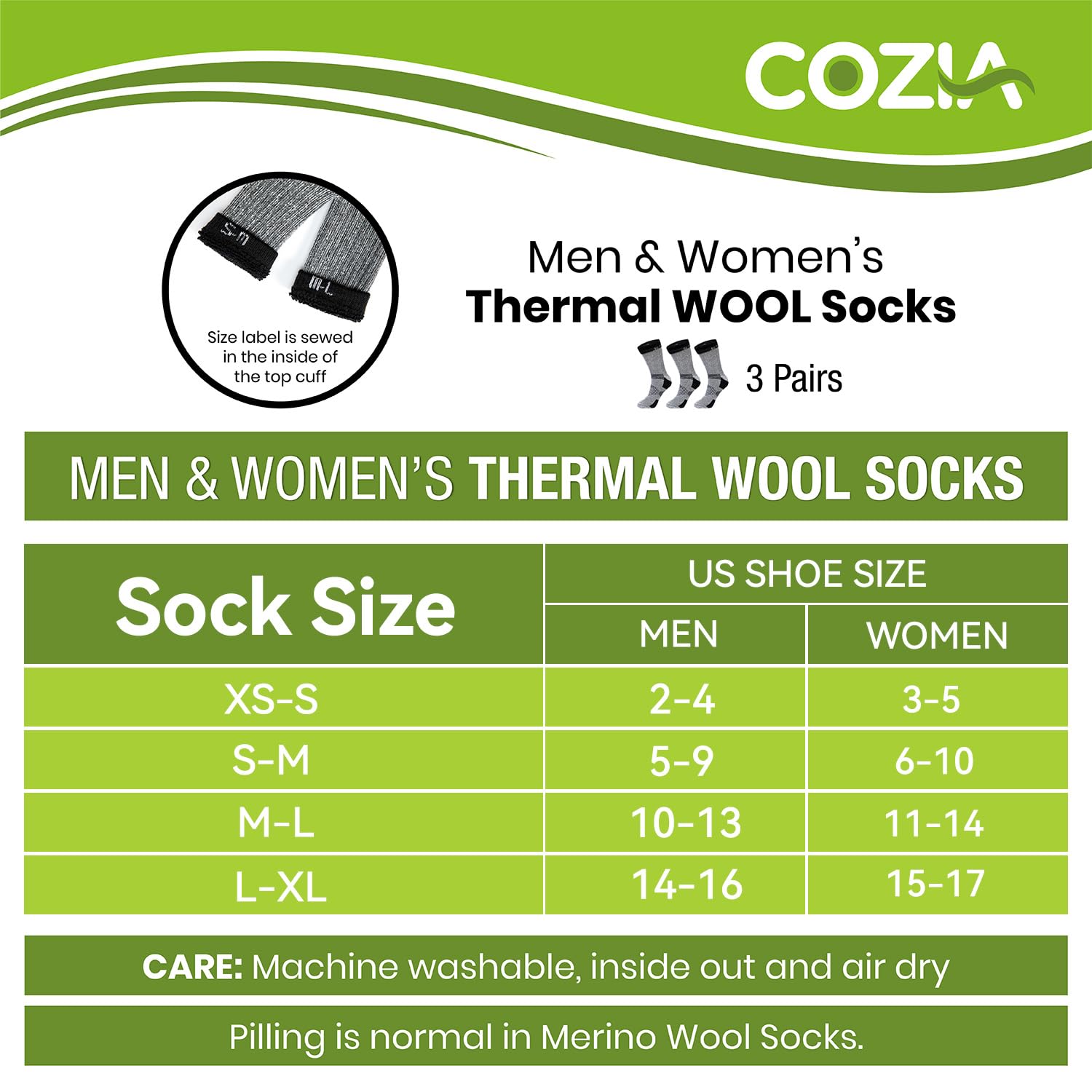 COZIA Merino Wool Socks for Men and Women Warm thermal Boot Hiking Socks 3 Pairs ML