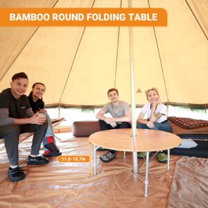 KingCamp Bamboo Round Folding Table Camping Table for Teepee Bell Tent 3 Fold Portable Camp Table with Heavy Duty Adjustable Height Aluminum Leg for Camping Picnic Indoor & Outdoor Card Game Dinning