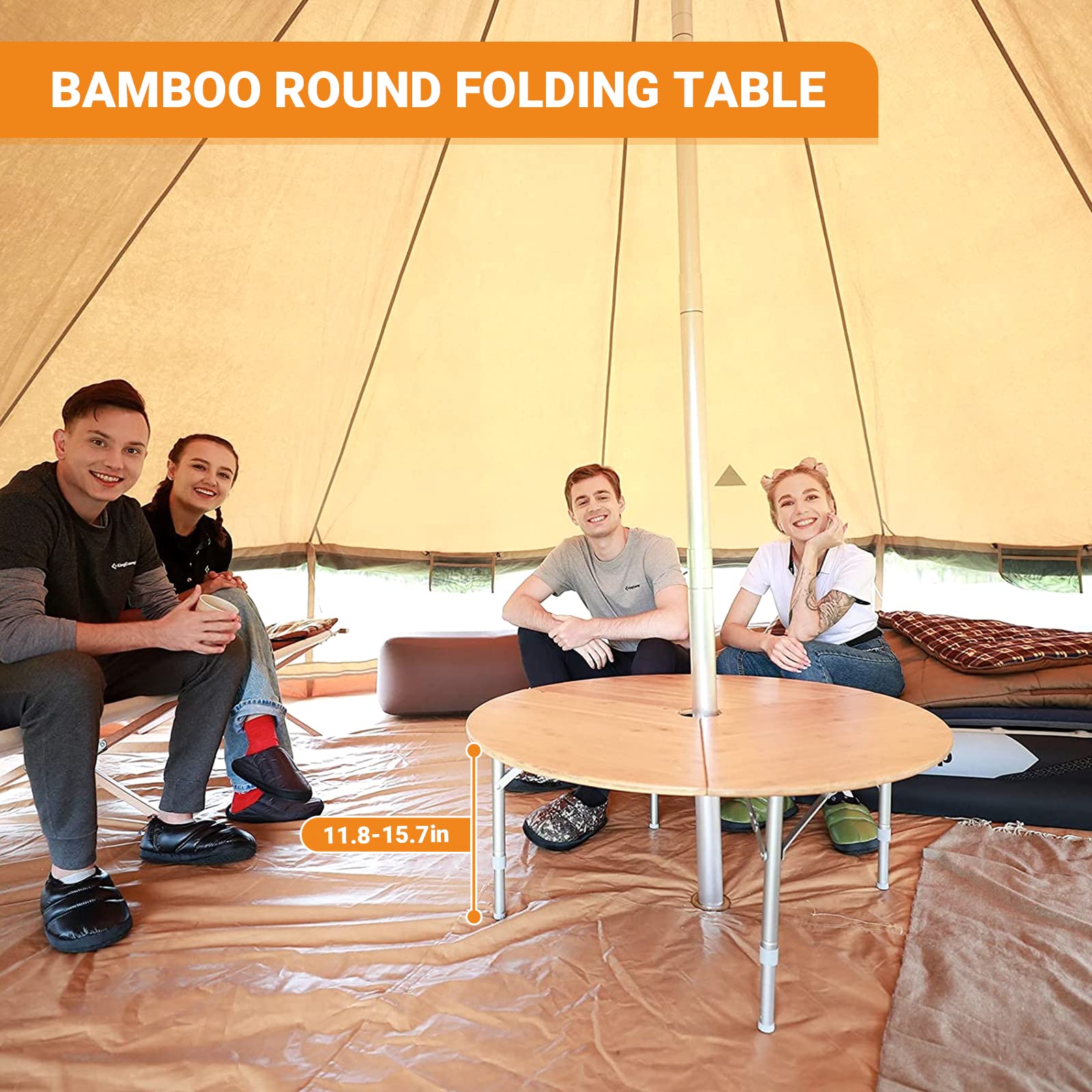 KingCamp Bamboo Round Folding Table Camping Table for Teepee Bell Tent 3 Fold Portable Camp Table with Heavy Duty Adjustable Height Aluminum Leg for Camping Picnic Indoor & Outdoor Card Game Dinning