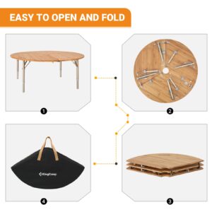 KingCamp Bamboo Round Folding Table Camping Table for Teepee Bell Tent 3 Fold Portable Camp Table with Heavy Duty Adjustable Height Aluminum Leg for Camping Picnic Indoor & Outdoor Card Game Dinning