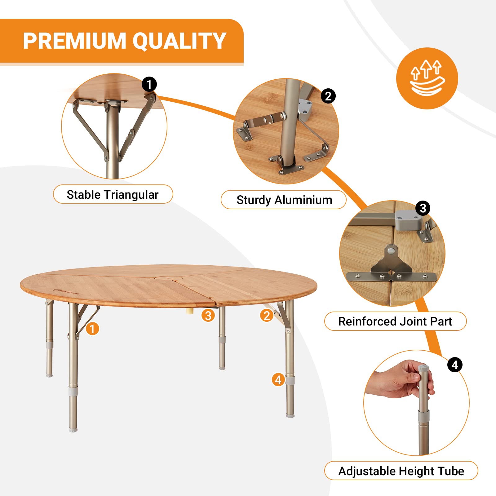 KingCamp Bamboo Round Folding Table Camping Table for Teepee Bell Tent 3 Fold Portable Camp Table with Heavy Duty Adjustable Height Aluminum Leg for Camping Picnic Indoor & Outdoor Card Game Dinning