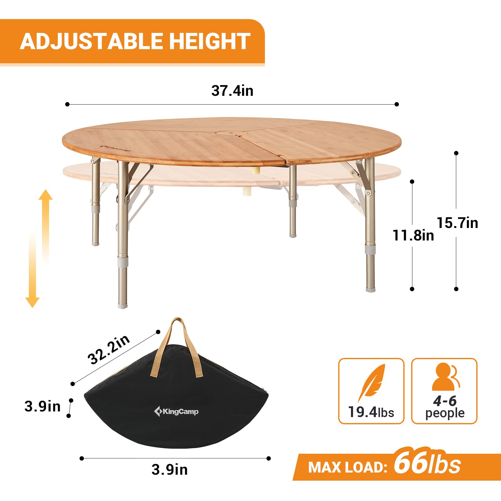 KingCamp Bamboo Round Folding Table Camping Table for Teepee Bell Tent 3 Fold Portable Camp Table with Heavy Duty Adjustable Height Aluminum Leg for Camping Picnic Indoor & Outdoor Card Game Dinning