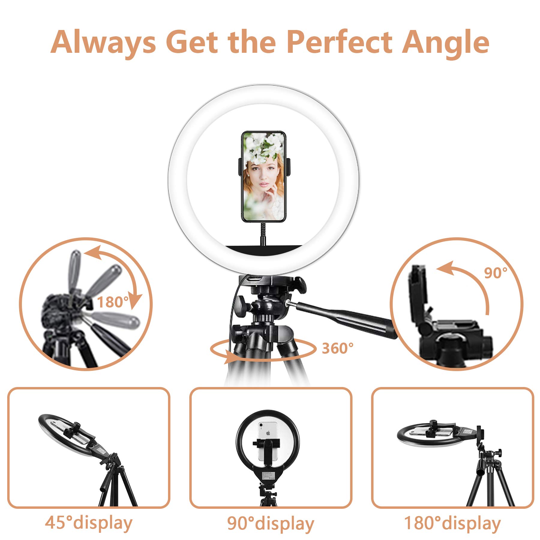 10" Selfie Ring Light with Stand and Phone Holder, SUMCOO Dimmable Beauty Ring Light with Tripod for Live Streaming/Makeup/YouTube Video, Compatible with iPhone & Android Phone