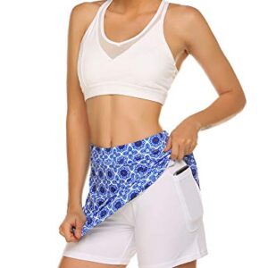 Ekouaer Golf Skirts for Women 16" Tennis Skort Athletic Skirt Inner Shorts Pocket Floral Pickleball Running Workout Sports Skorts,Blue Pattern X-Small