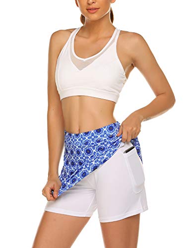 Ekouaer Golf Skirts for Women 16" Tennis Skort Athletic Skirt Inner Shorts Pocket Floral Pickleball Running Workout Sports Skorts,Blue Pattern X-Small