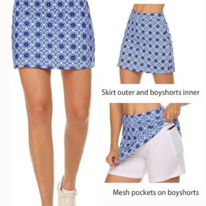 Ekouaer Golf Skirts for Women 16" Tennis Skort Athletic Skirt Inner Shorts Pocket Floral Pickleball Running Workout Sports Skorts,Blue Pattern X-Small