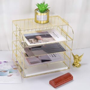 LEORISO 4-Tier Stackable Letter Tray, Gold Desk Organizer, Metal File Organizer Tray, Paper Holder Rack, Desk Accessories for School Home Office Supplies