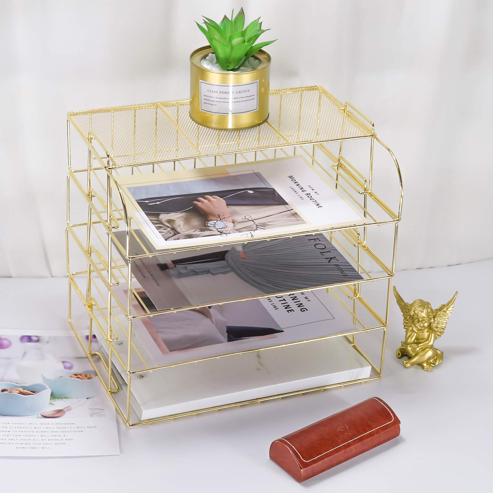 LEORISO 4-Tier Stackable Letter Tray, Gold Desk Organizer, Metal File Organizer Tray, Paper Holder Rack, Desk Accessories for School Home Office Supplies