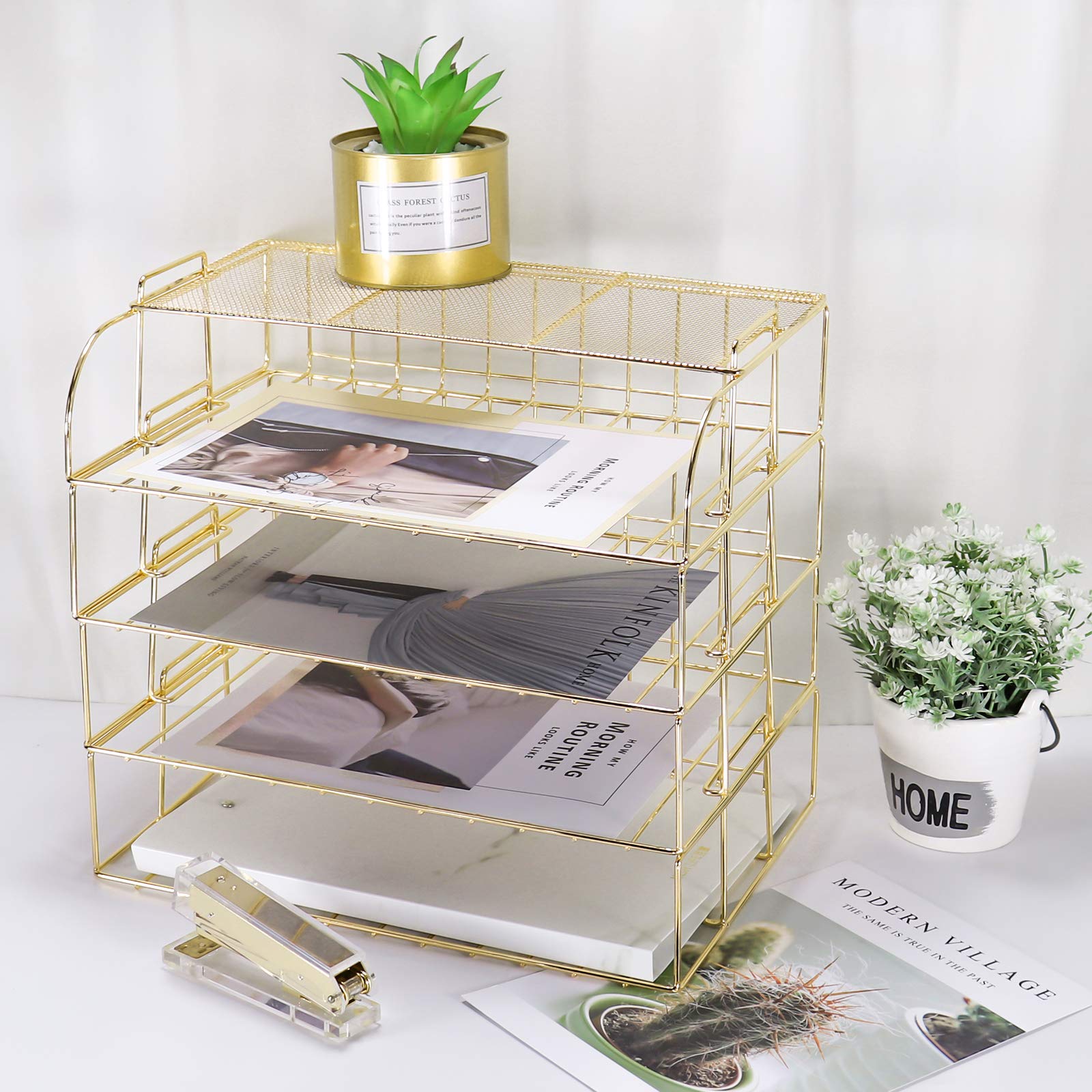 LEORISO 4-Tier Stackable Letter Tray, Gold Desk Organizer, Metal File Organizer Tray, Paper Holder Rack, Desk Accessories for School Home Office Supplies