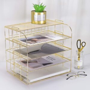 LEORISO 4-Tier Stackable Letter Tray, Gold Desk Organizer, Metal File Organizer Tray, Paper Holder Rack, Desk Accessories for School Home Office Supplies