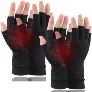 tiny chou 2 pairs copper arthritis gloves, fingerless compression gloves for men and women, pain relief and healing for arthritis hand, carpal tunnel, typing and daily work (black, medium)