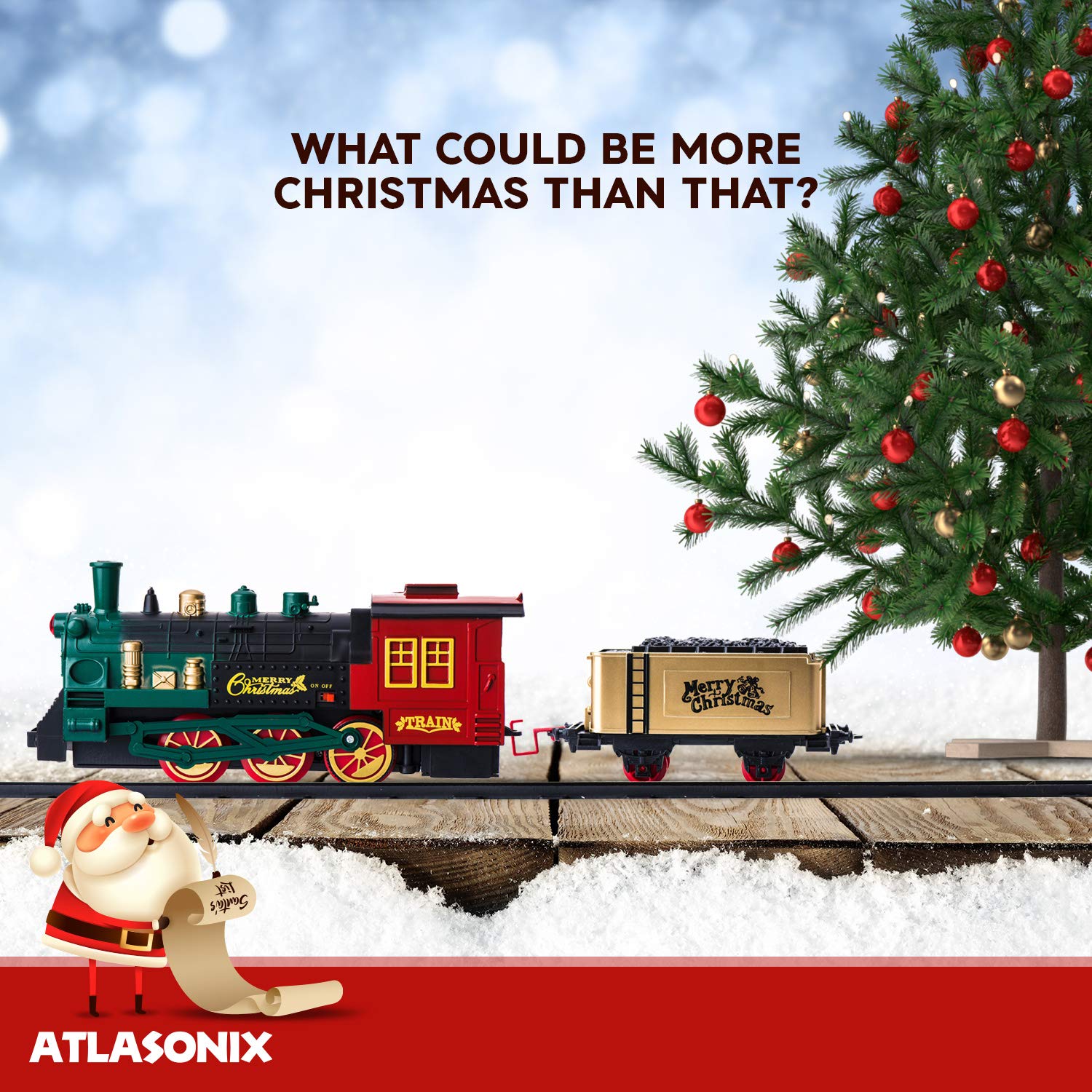 Christmas Train Set for Under The Tree with Lights, and Sounds - Holiday Train Around Christmas Tree w/Large Tracks | Battery Operated Electric Train Set with 160 Inches of Track and 2 Xmas Elves