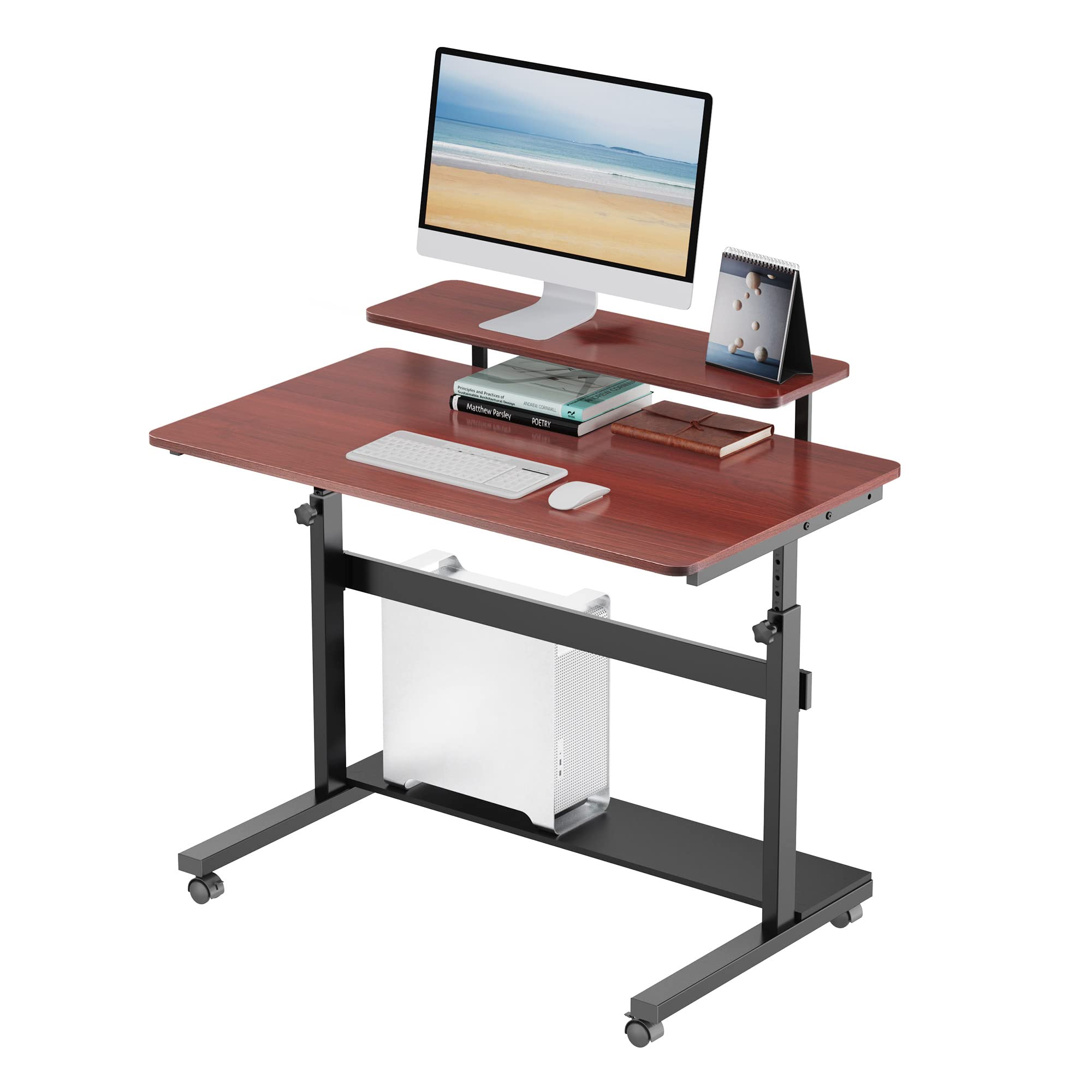 Eureka Ergonomic Mobile Standing Desk 41 Inch, Lockable Home Office Height Adjustable Computer Desk PC Table with Hutch, Teak Top