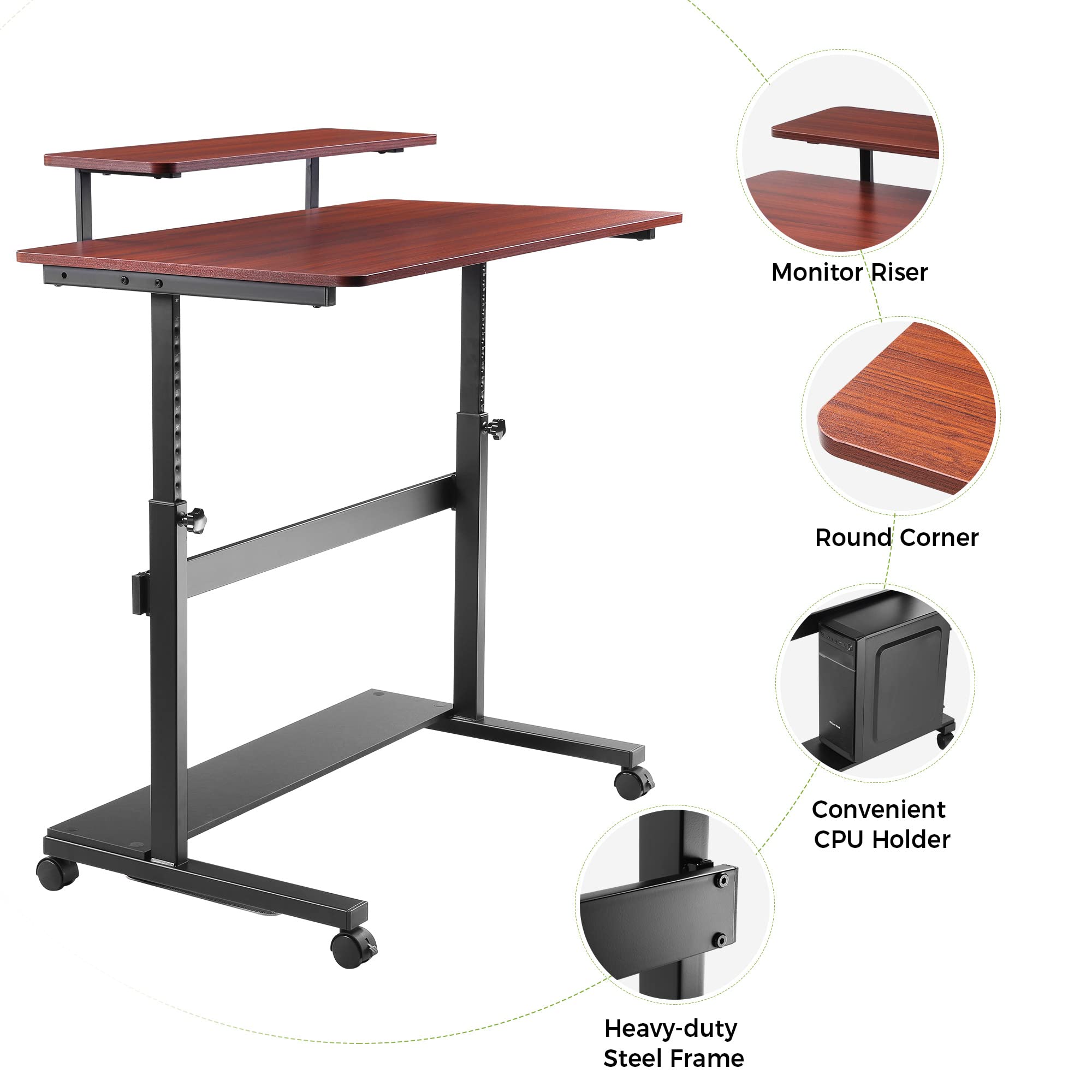 Eureka Ergonomic Mobile Standing Desk 41 Inch, Lockable Home Office Height Adjustable Computer Desk PC Table with Hutch, Teak Top