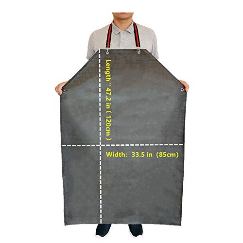 Thick Rubber Apron, 47.2 Inch x 33.5 Inch Waterproof Apron, Long Chemical Resistant Apron, Adjustable Work Aprons for DishWashing, Cleaning Fish, Gardening, Lab Work, Butcher and Dog Grooming, Grey