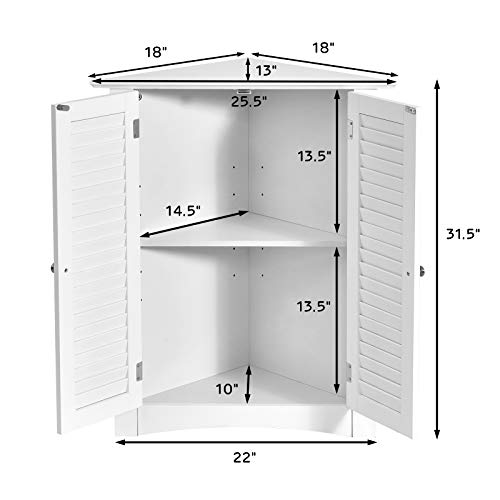 Tangkula Bathroom Corner Cabinet, Storage Cabinet w/Double Shutter Doors & Adjustable Shelf, Freestanding Floor Cabinet for Bathroom Living Room, 13 x 25.5 x 31.5 Inch (White)