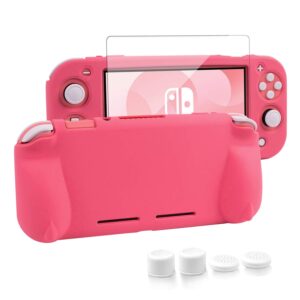 silicone protective case for nintendo switch lite, soft grip case cover with comfort ergonomic handles for nintendo switch lite 2019 [self stand][4 thumb stick caps] (silicone grip-pink)