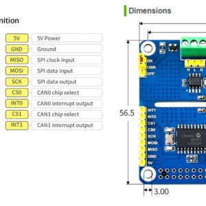 2-Channel Isolated CAN Bus Expansion HAT for Raspberry Pi 4B/3B+/3B/2B/B+/A+/Zero/Zero W, MCP2515 + SN65HVD230 Dual Chips Solution Allow 2-CH CAN Communication Onboard Multi Protection Circuits