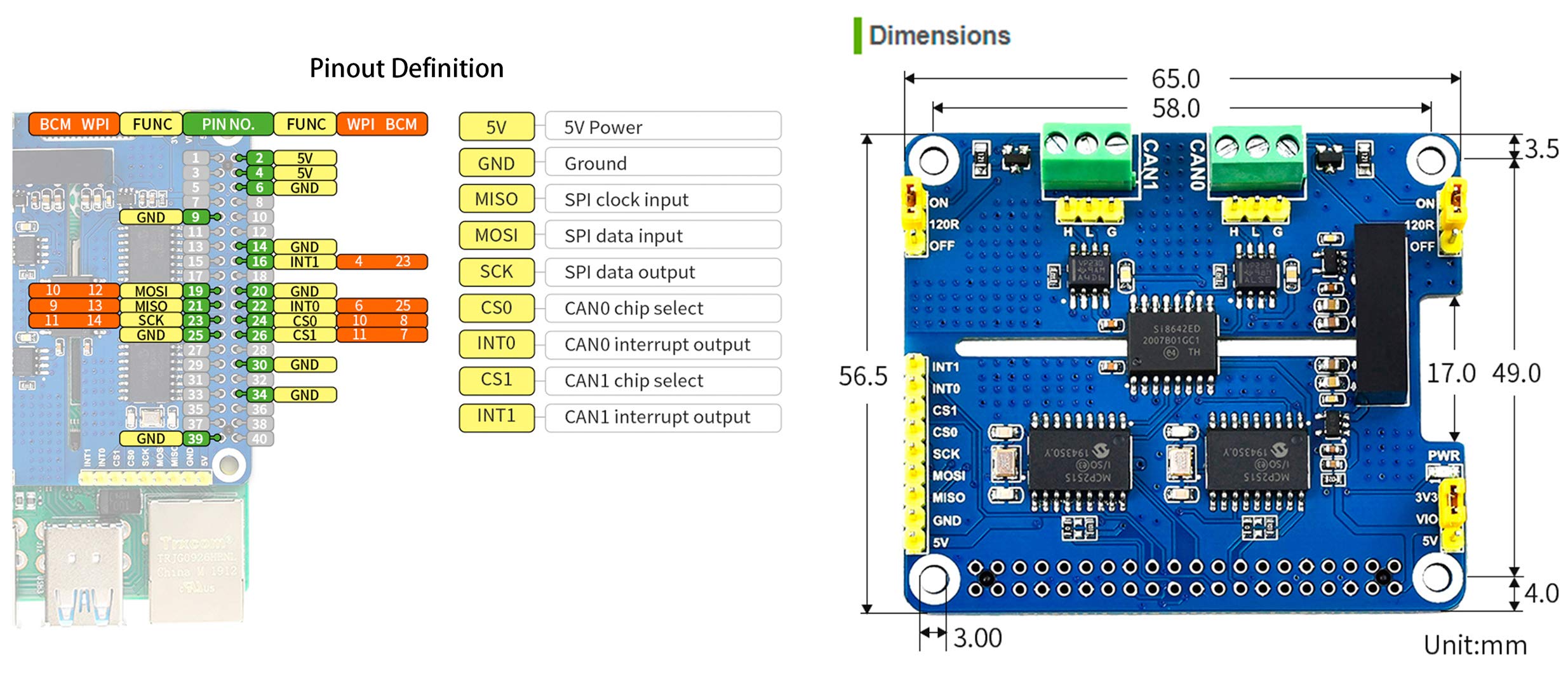 2-Channel Isolated CAN Bus Expansion HAT for Raspberry Pi 4B/3B+/3B/2B/B+/A+/Zero/Zero W, MCP2515 + SN65HVD230 Dual Chips Solution Allow 2-CH CAN Communication Onboard Multi Protection Circuits