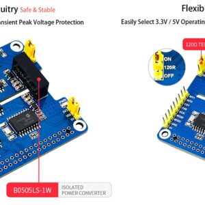 2-Channel Isolated CAN Bus Expansion HAT for Raspberry Pi 4B/3B+/3B/2B/B+/A+/Zero/Zero W, MCP2515 + SN65HVD230 Dual Chips Solution Allow 2-CH CAN Communication Onboard Multi Protection Circuits