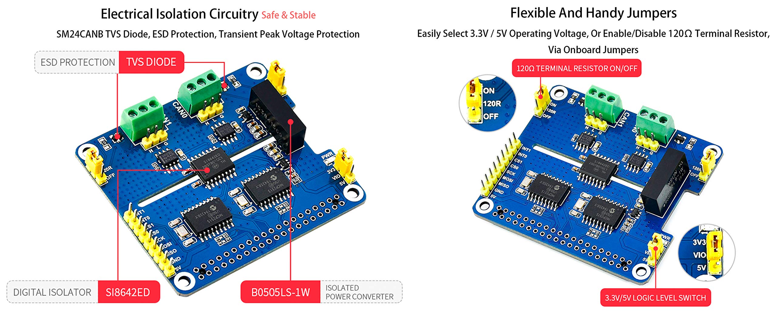 2-Channel Isolated CAN Bus Expansion HAT for Raspberry Pi 4B/3B+/3B/2B/B+/A+/Zero/Zero W, MCP2515 + SN65HVD230 Dual Chips Solution Allow 2-CH CAN Communication Onboard Multi Protection Circuits