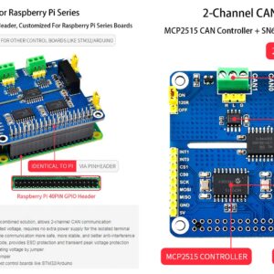 2-Channel Isolated CAN Bus Expansion HAT for Raspberry Pi 4B/3B+/3B/2B/B+/A+/Zero/Zero W, MCP2515 + SN65HVD230 Dual Chips Solution Allow 2-CH CAN Communication Onboard Multi Protection Circuits