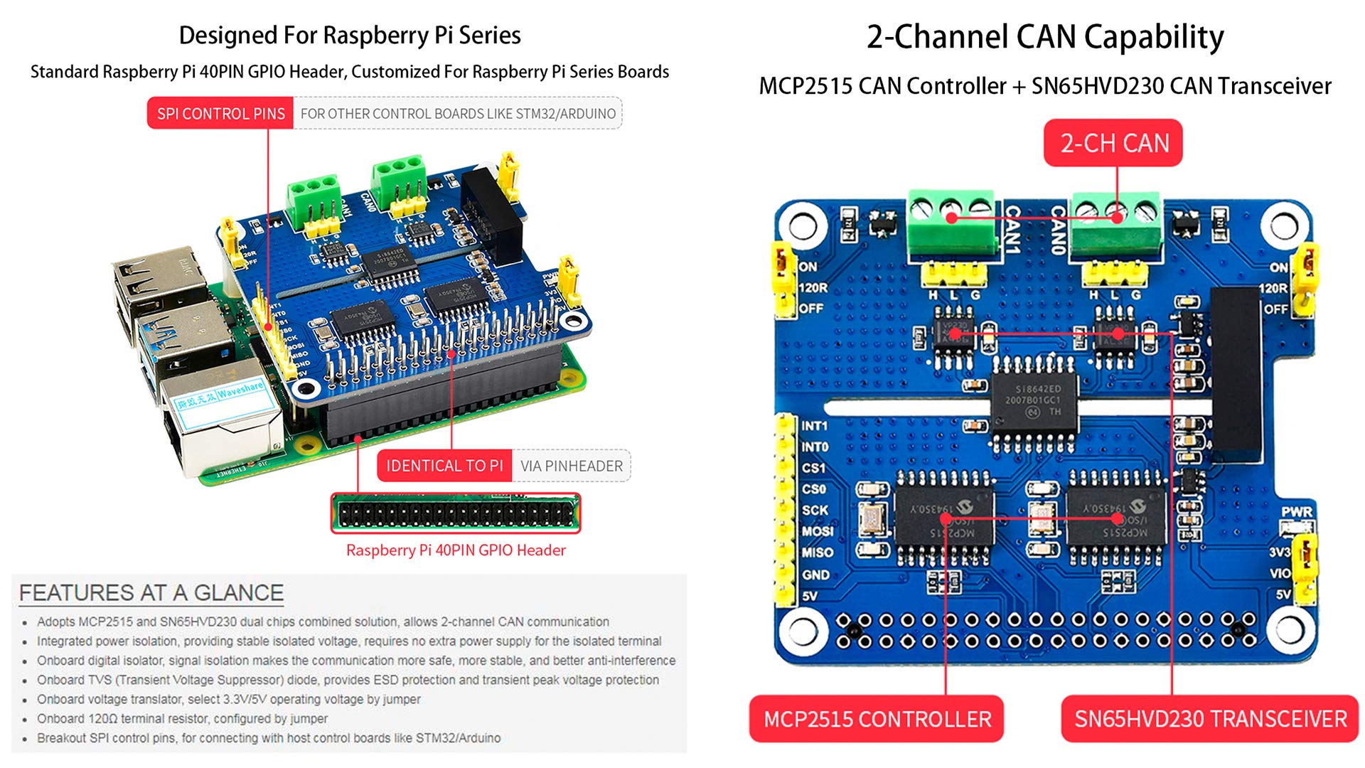 2-Channel Isolated CAN Bus Expansion HAT for Raspberry Pi 4B/3B+/3B/2B/B+/A+/Zero/Zero W, MCP2515 + SN65HVD230 Dual Chips Solution Allow 2-CH CAN Communication Onboard Multi Protection Circuits