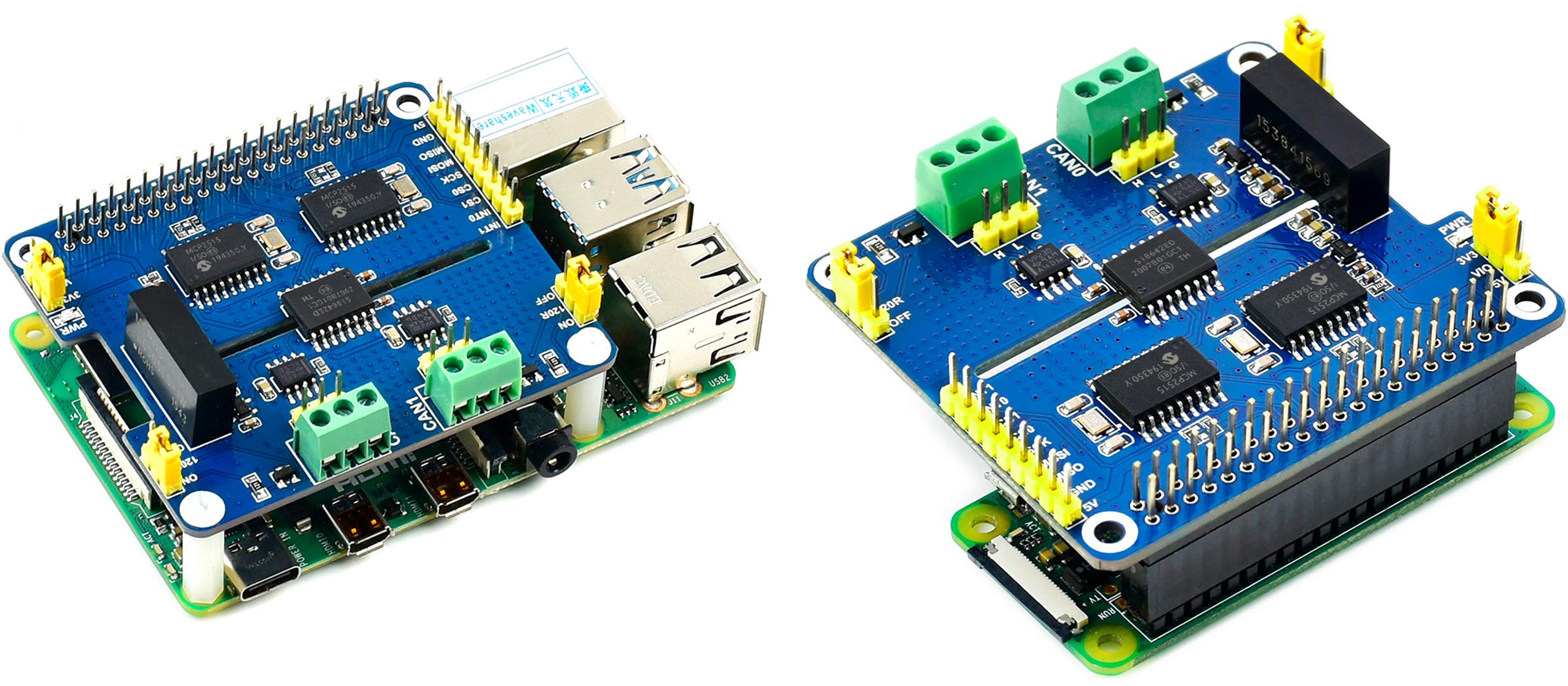 2-Channel Isolated CAN Bus Expansion HAT for Raspberry Pi 4B/3B+/3B/2B/B+/A+/Zero/Zero W, MCP2515 + SN65HVD230 Dual Chips Solution Allow 2-CH CAN Communication Onboard Multi Protection Circuits