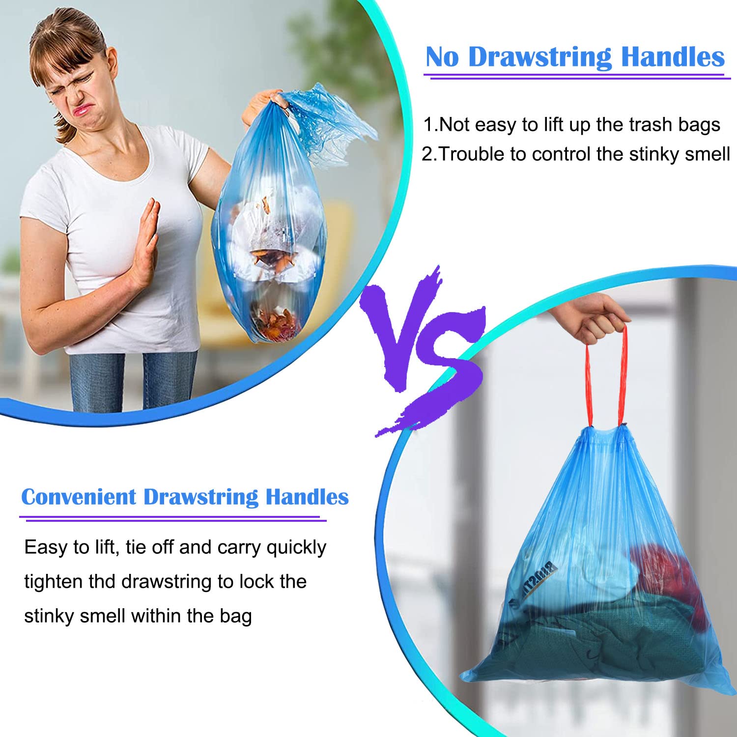 Small Trash Bags 2.6-4 Gallon Thicken Drawstring Trash Bags 4 Gallon Extra Strong Small Garbage Bags Unscented Wastebasket Liners Bags for Kitchen,Bathroom,Office,Home Trash Can 5 Color