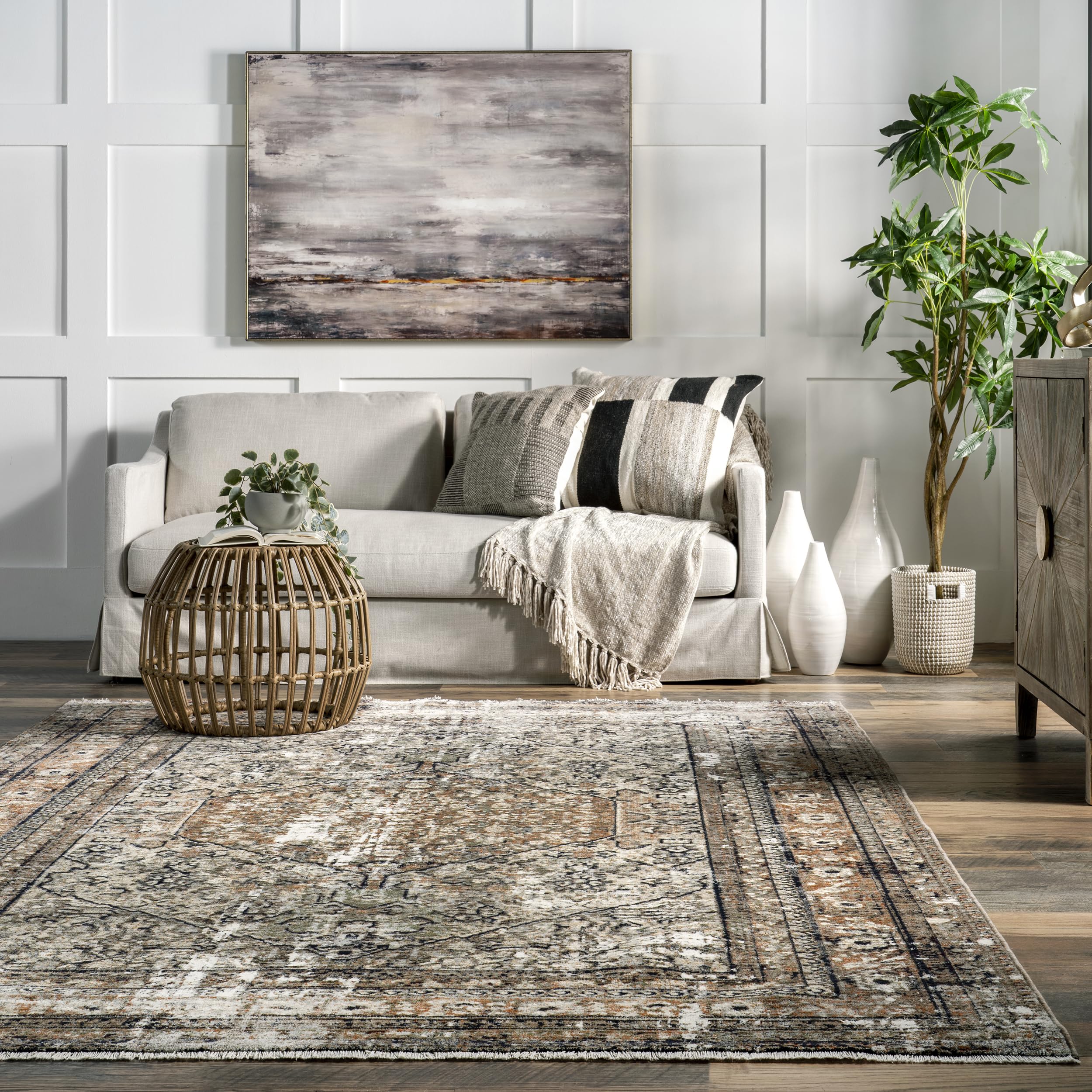 nuLOOM Charvi Distressed Medallion Fringe Area Rug - 7x10 Area Rug Vintage Beige/Ivory Rugs for Living Room Bedroom Dining Room Kitchen