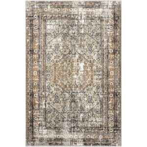 nuLOOM Charvi Distressed Medallion Fringe Area Rug - 7x10 Area Rug Vintage Beige/Ivory Rugs for Living Room Bedroom Dining Room Kitchen