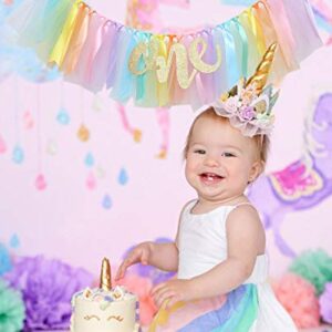 Pastel Rainbow High Chair Banner for 1st Birthday - Party Supplies for Highchair Tutu Skirt, First Birthday with One Pennant,Rainbow Birthday Decorations for Girls (Rainbow Banner)