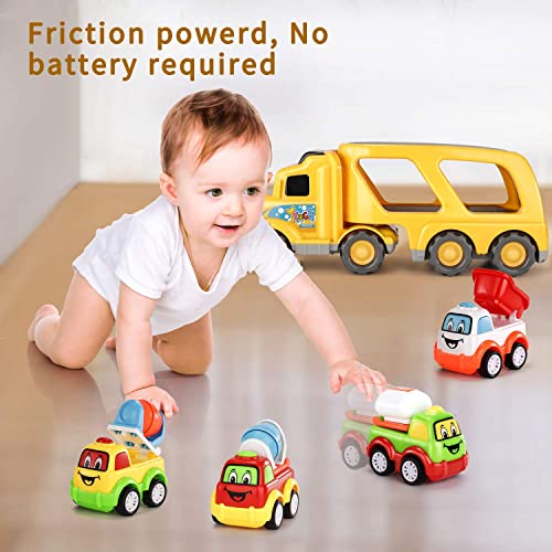 TEMI Construction Truck Toys for 3 4 5 6 Year Old Boys, 5-in-1 Friction Power Toy for Kids 3-5, Carrier Truck Cars for Toddlers 3+, Kids Toys Set for Age 3-9, Christmas for 3+