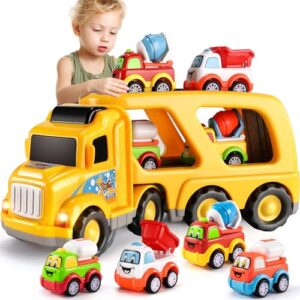 TEMI Construction Truck Toys for 3 4 5 6 Year Old Boys, 5-in-1 Friction Power Toy for Kids 3-5, Carrier Truck Cars for Toddlers 3+, Kids Toys Set for Age 3-9, Christmas for 3+