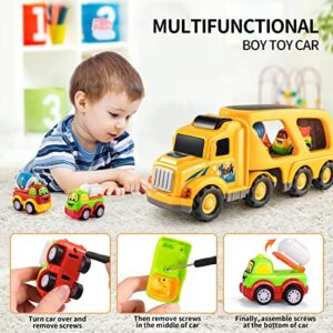 TEMI Construction Truck Toys for 3 4 5 6 Year Old Boys, 5-in-1 Friction Power Toy for Kids 3-5, Carrier Truck Cars for Toddlers 3+, Kids Toys Set for Age 3-9, Christmas for 3+