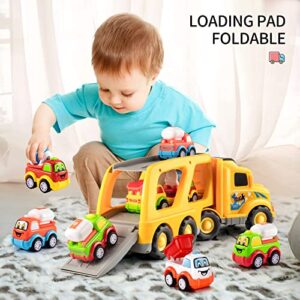 TEMI Construction Truck Toys for 3 4 5 6 Year Old Boys, 5-in-1 Friction Power Toy for Kids 3-5, Carrier Truck Cars for Toddlers 3+, Kids Toys Set for Age 3-9, Christmas for 3+