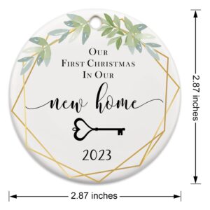 Two-Side Printed Ceramic New Home 2023 Ornament, Our First Christmas in Our New Home 2023 Christmas Ornament, Housewarming Gift