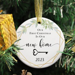 Two-Side Printed Ceramic New Home 2023 Ornament, Our First Christmas in Our New Home 2023 Christmas Ornament, Housewarming Gift