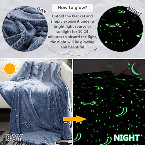 Glow in The Dark Throw Blanket, Moon and Stars Soft Warm Cozy Fuzzy Plush Blanket for Kids Teenage Boys Girls Women Best Friend Birthday Christmas (50 x 60 inches Blue)