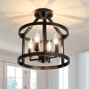 uofus metal semi flush mount ceiling light fixture 4 candle holder matte chandelier farmhouse ceiling lamp for dining room bedroom kitchen hallway entryway（black）